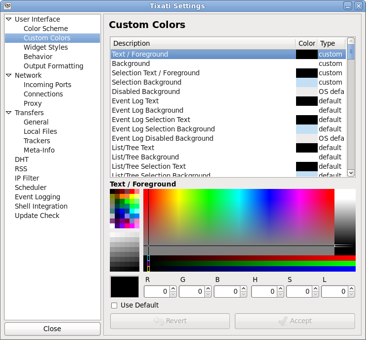 Settings - User Interface - Custom Colors - Tixati Settings - User Interface - Custom Colors - Tixati